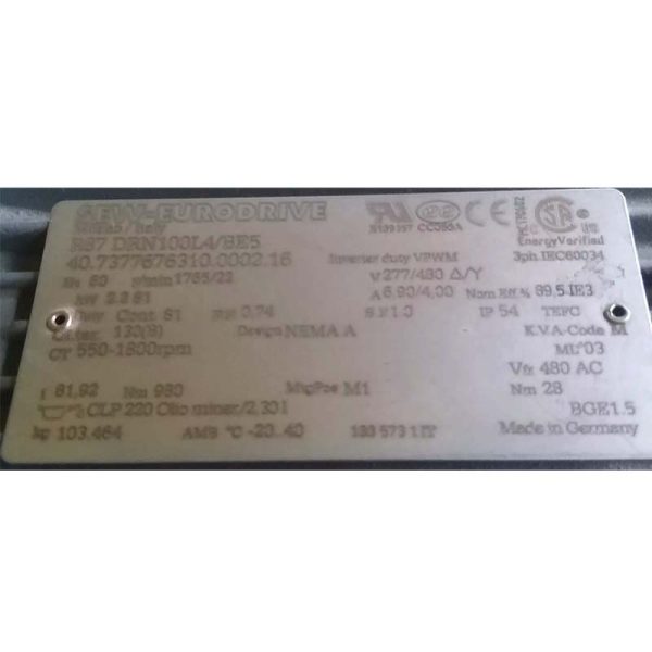 MOTOREDUCTOR R87 DRN100L4/BE5 I=1:81.92 2.2KW 4P 277/480V FRENO 480VAC ...