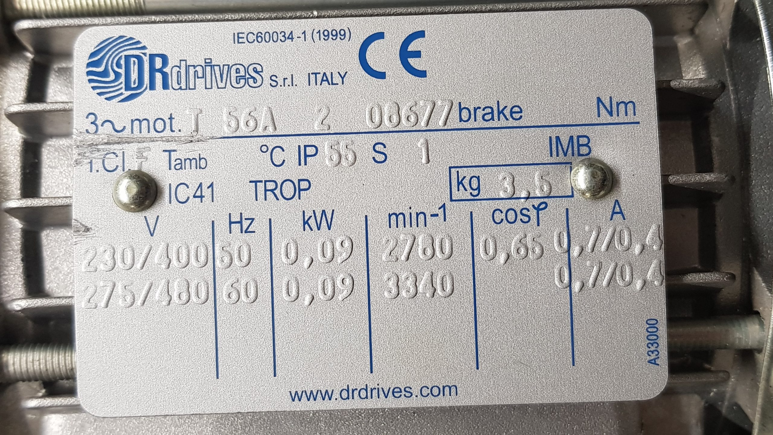 MOTOR T56A2 IMB5 RPM=2800/3300 HP=0.09/09 230-400/275/480 VOLTS 50/60 ...