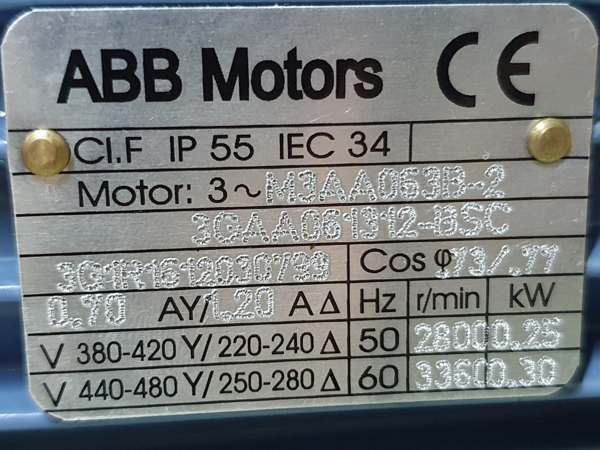 MOTOR M3AA 63B2 IMB5 KW=0.25 400V 50/60 HZ IE2 MARCA ABB – SERSEF