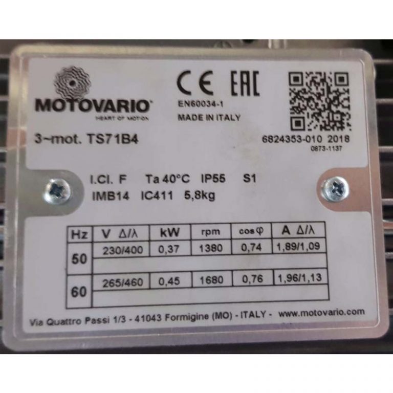 MOTOR TS71B4/B14 RPM=1380/1660 KW=0.37/0.45 230-400/265-460 50/60 HZ ...