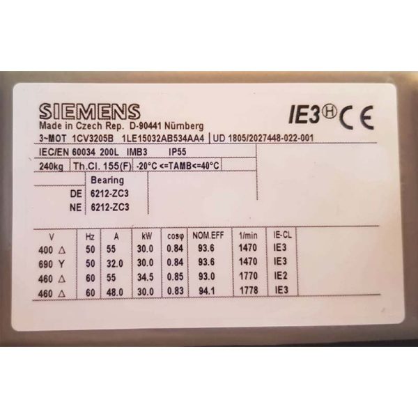 MOTOR 1LE1503-2AB53-4AA4 IP55 IMB3 KW=30/34.5 V=400/690 HZ=50/60 IE3 ...