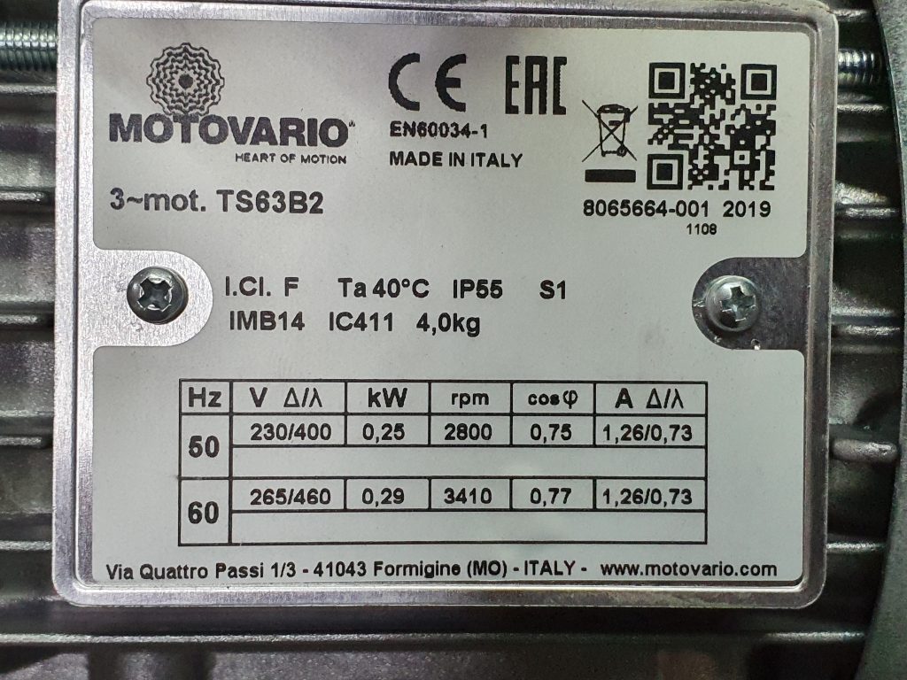 MOTOR TS63B2 IMB14 KW=0.25/0.29 V=230-400/265/460 VOLTS. 50/60 HZ MARCA ...