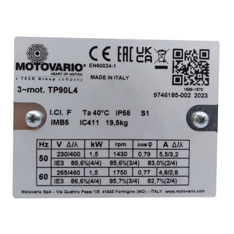 MOTOR TP90L4 IMB5 KW=1.5 V=48/84 60HZ RPM=1720 IE3 MARCA MOTOVARIO – SERSEF